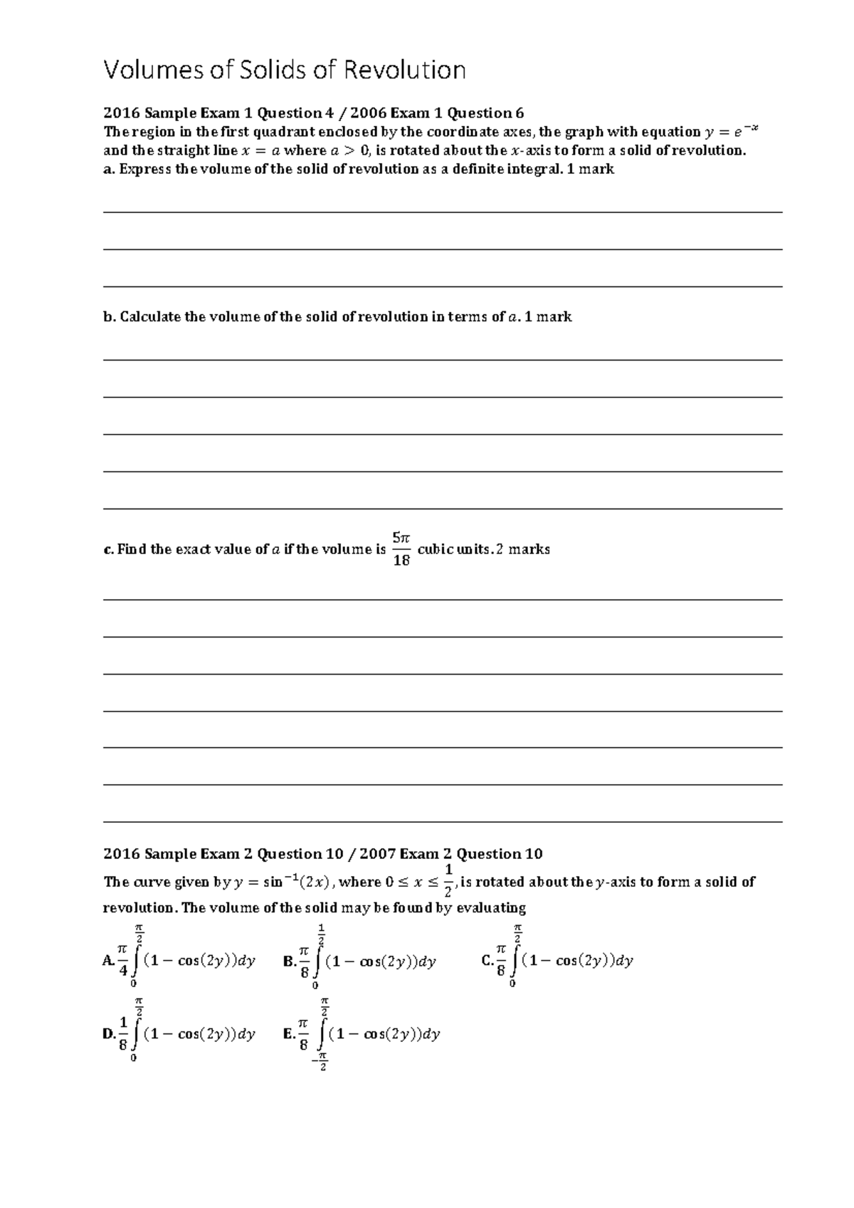 Volumes of Solids of Revolution: Sample Exam Questions 2016-2023 - Studocu