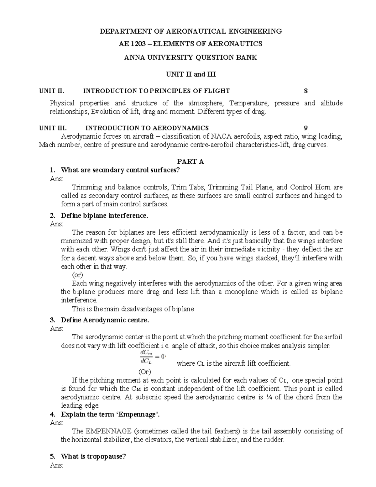 Elements of Aeronautics QB UNIT II III with answers - DEPARTMENT OF AERONAUTICAL ENGINEERING AE ...