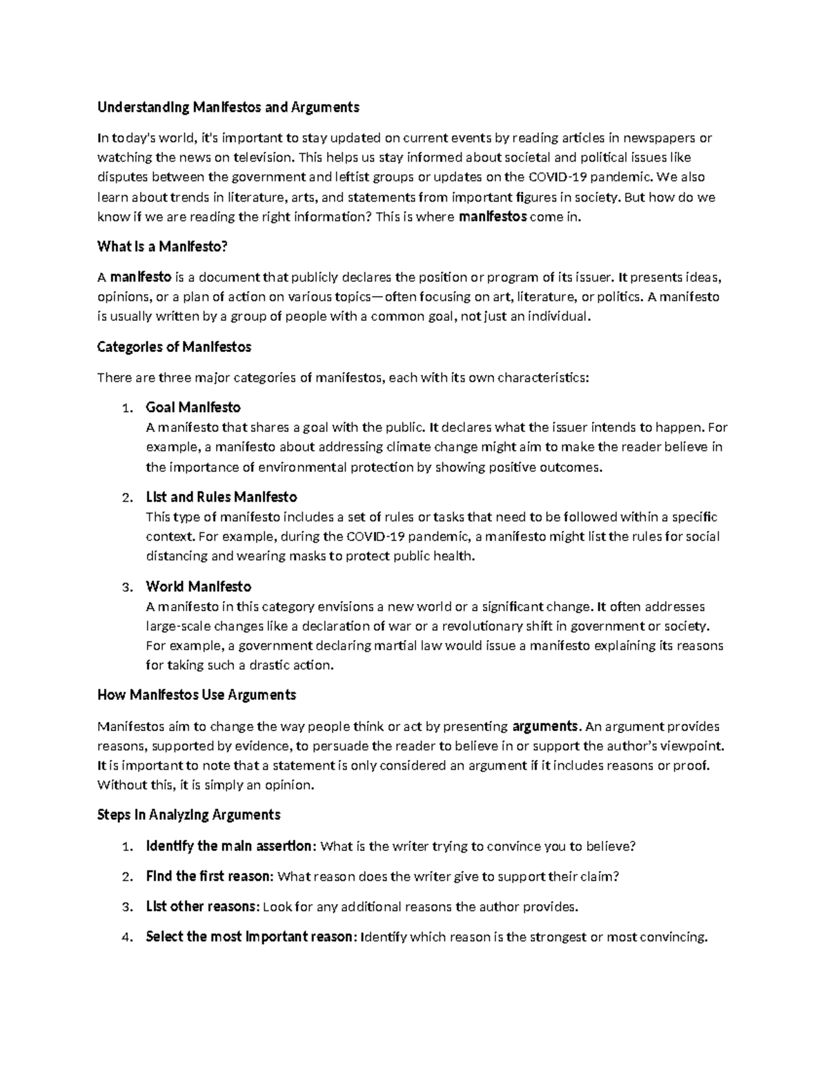 Understanding Manifestos and Arguments: A Critical Analysis Guide - Studocu