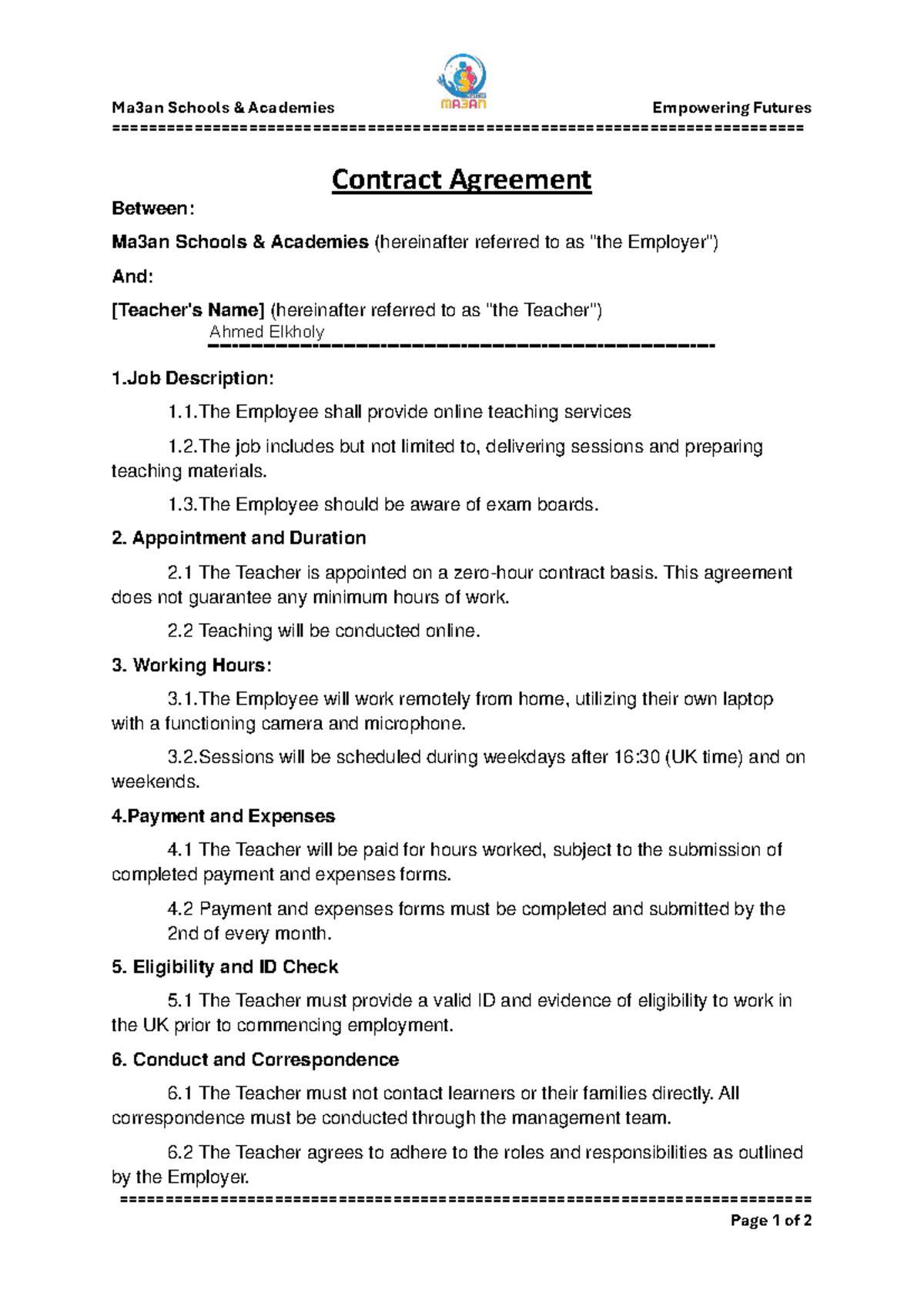 Ma3an Schools Academies Zero Hour Contract Agreement - Studocu