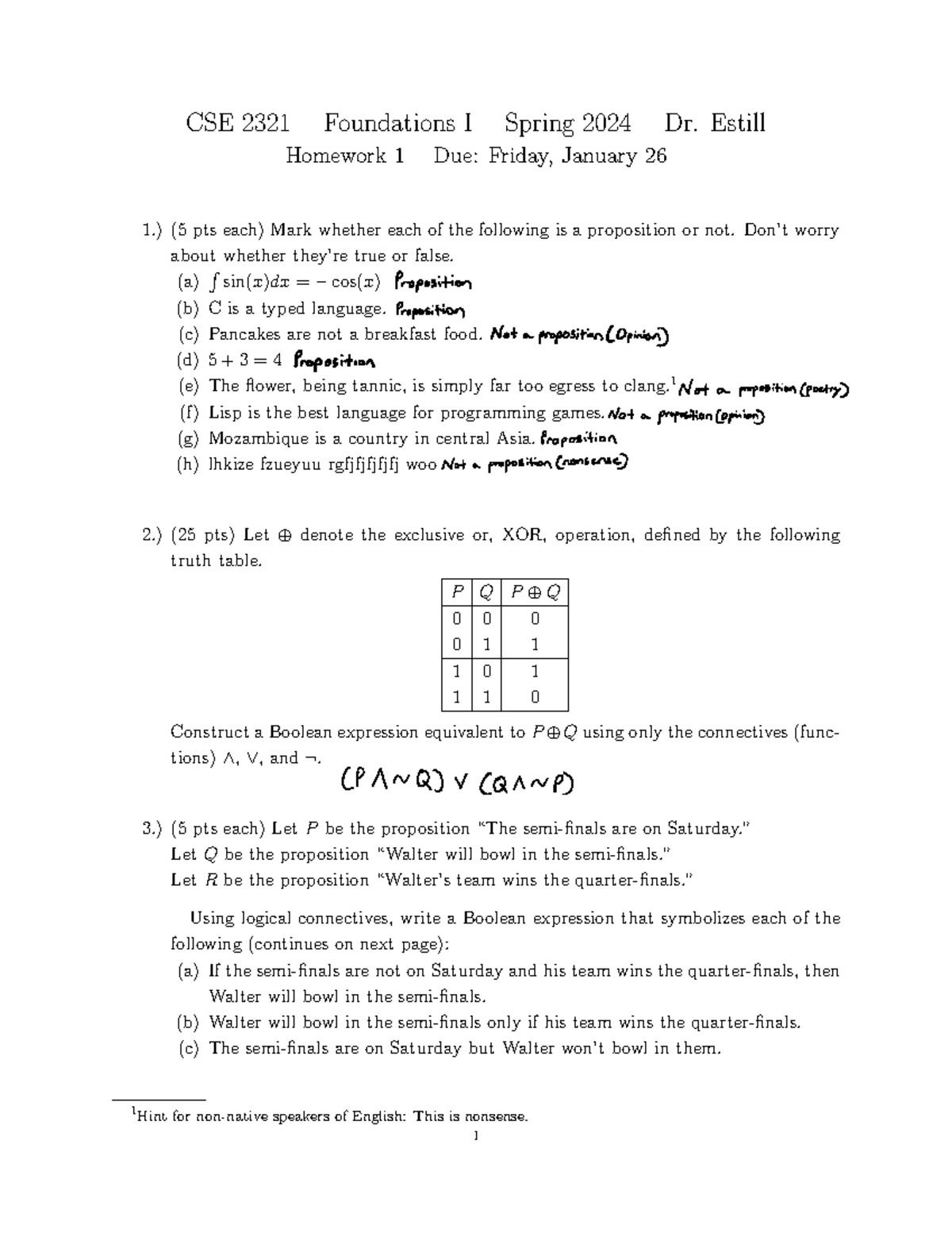 CSE2321 - Homework 1: Propositions and Boolean Expressions - Studocu