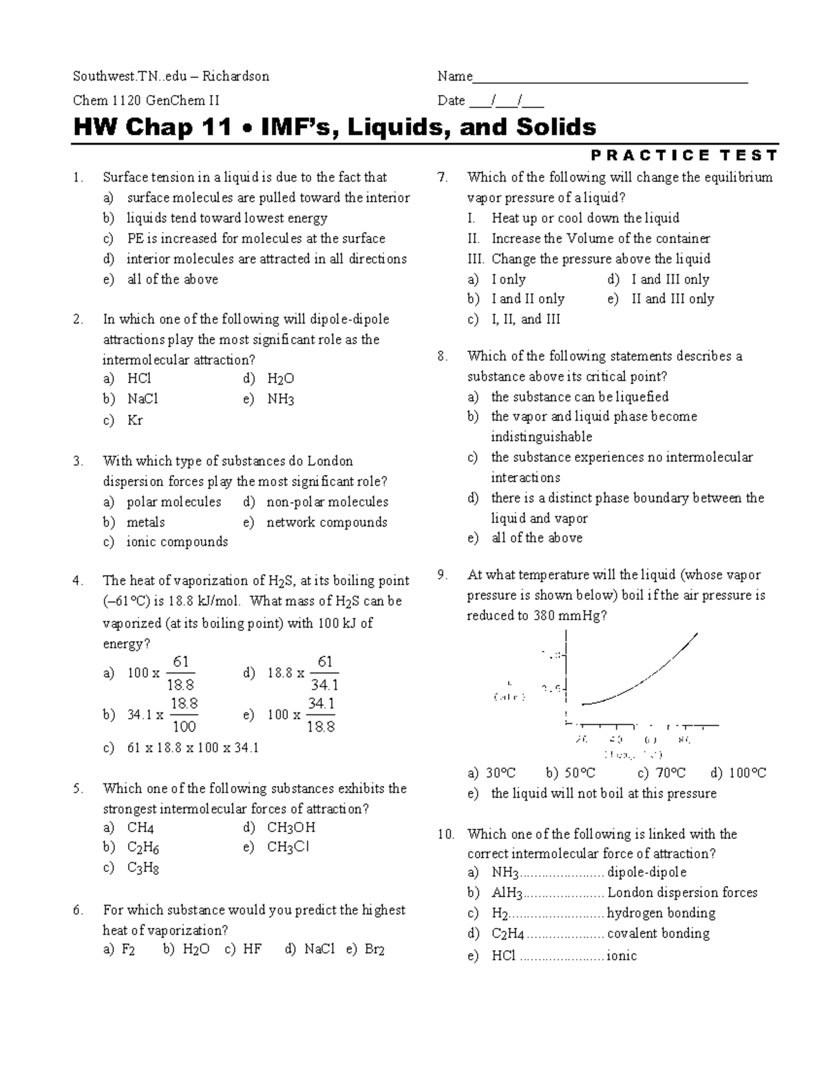 Chem 1120: Intermolecular Forces, Liquids & Solids Practice Test - Studocu