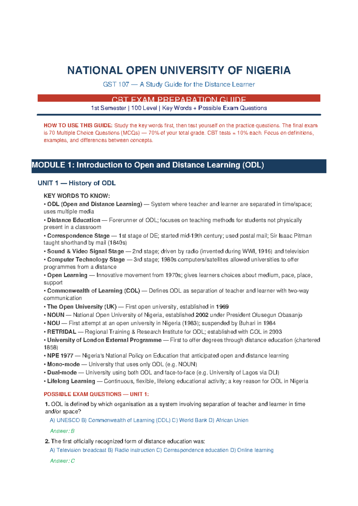 GST 107 Exam Prep: Comprehensive Study Guide for ODL - Studocu