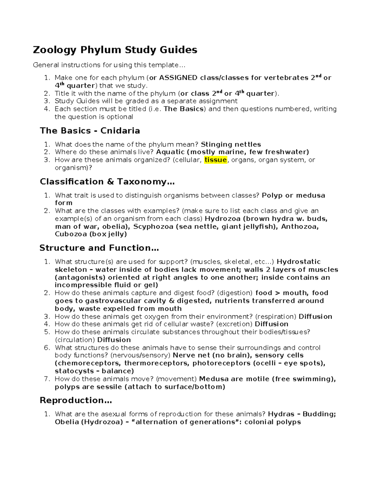 Zoology Study Guide: Phylum Cnidaria Overview and Key Concepts - Studocu