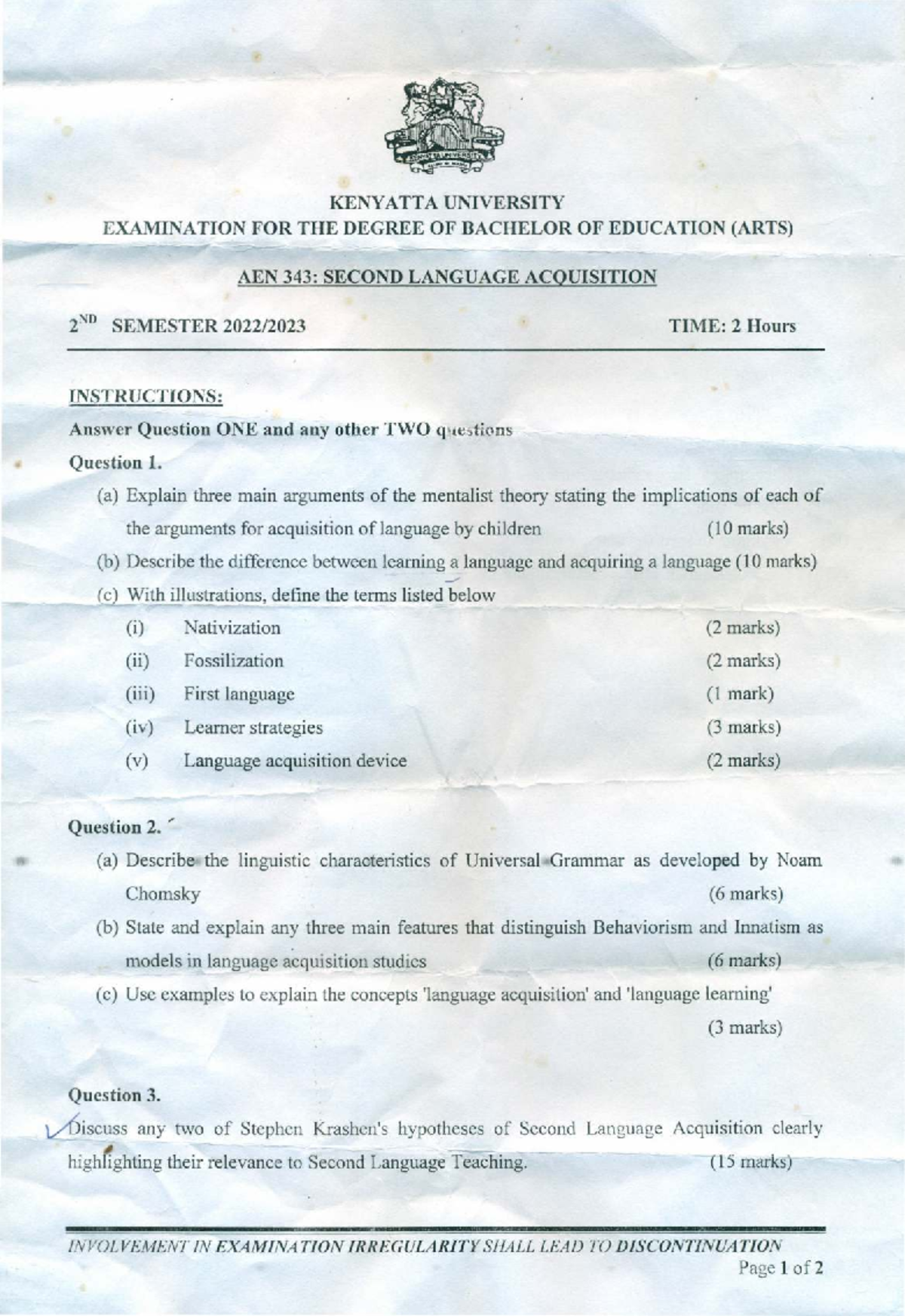 AEN 343: Second Language Acquisition Exam Questions and Insights - Studocu