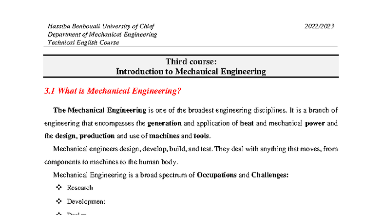 Technical English Course: Intro to Mechanical Engineering (ME 3) - Studocu