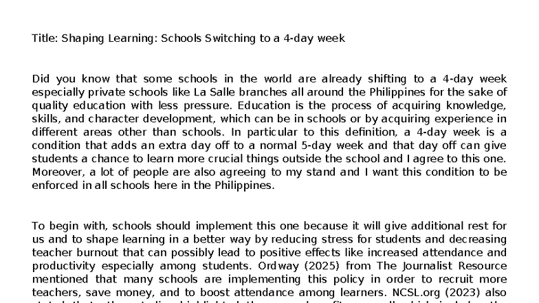 Title: Argumentative Essay: The Case for a 4-Day School Week in the ...