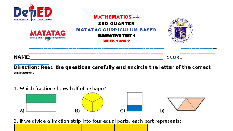 MATH 4 3RD QUARTER SUMMATIVE TEST 1 WEEKS 1 & 2 QUESTIONS - Studocu