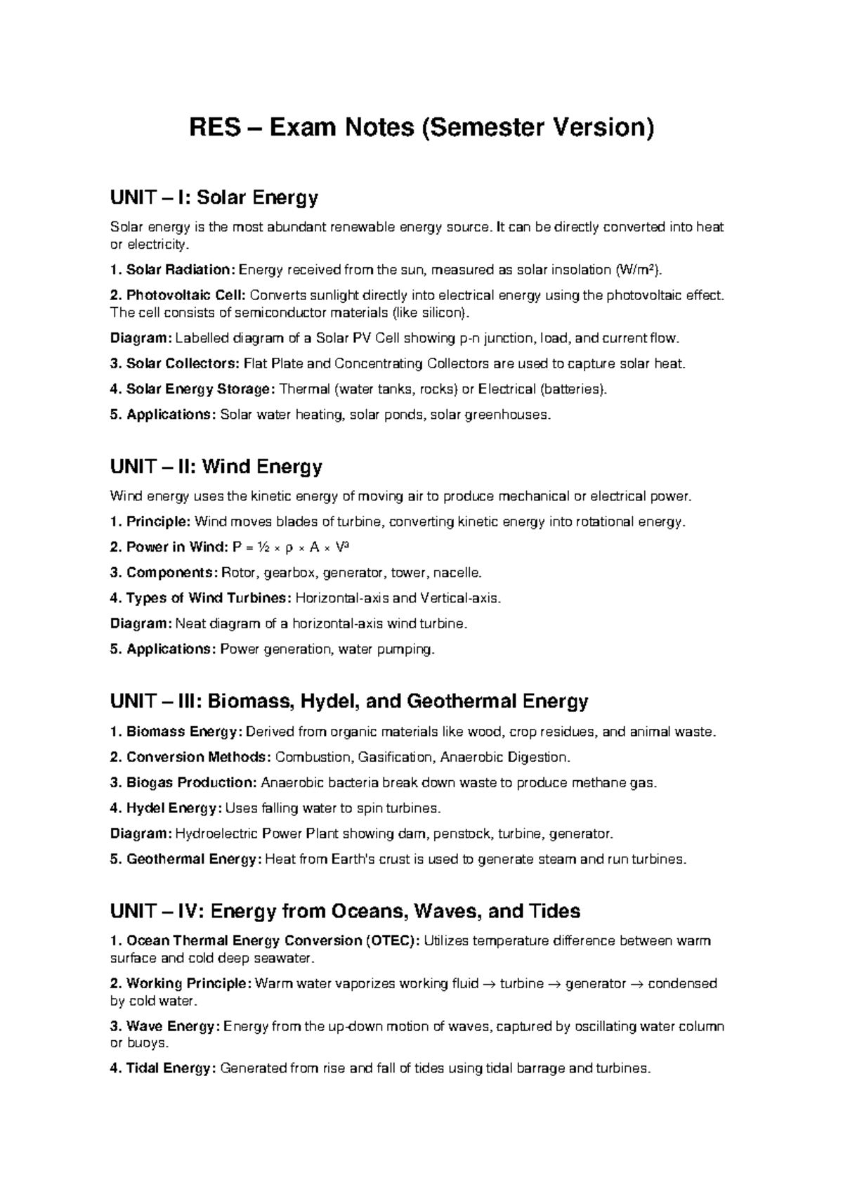 RES Exam Notes (RES 101) - Renewable Energy Sources Overview - Studocu