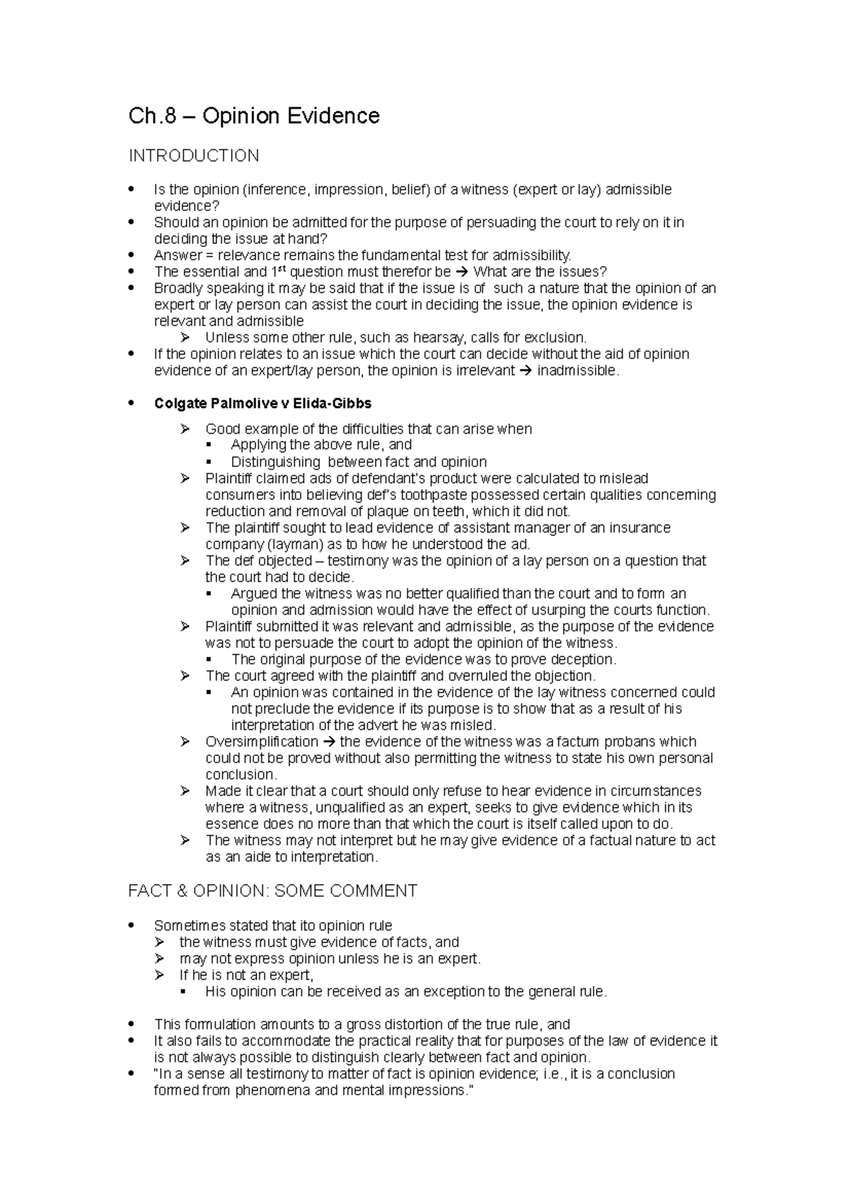 Ch.8 - Opinion Evidence - Ch – Opinion Evidence INTRODUCTION Is the ...