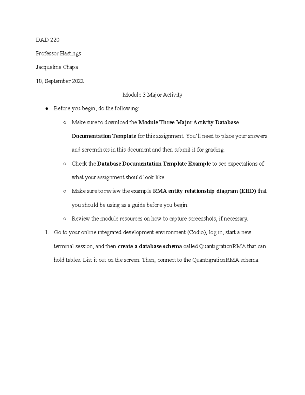 DAD 220 Module 3 Major Activity: Database Schema Creation and View - Studocu