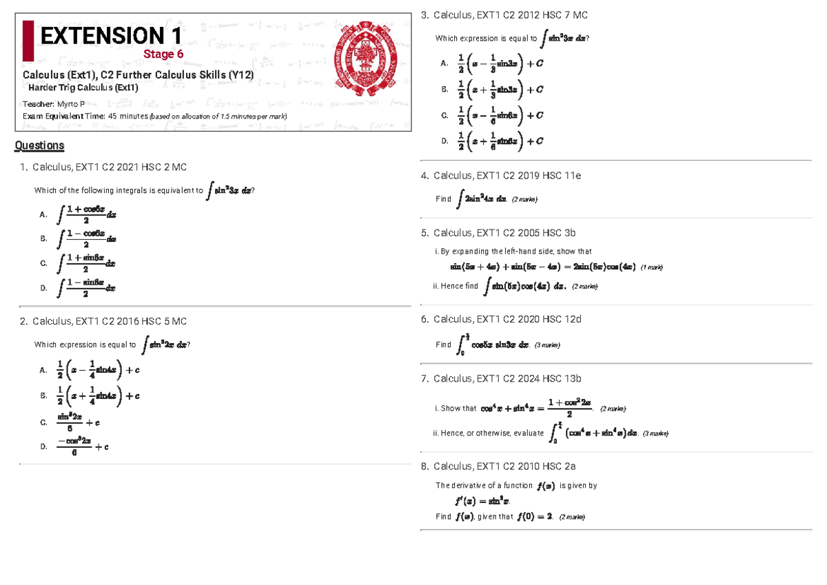 Trig Integration Practice - EXT1 C2 2012 HSC MC Questions - Studocu