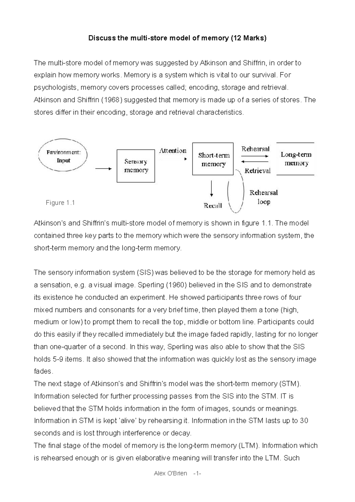 PSY101: Multi-Store Model of Memory Essay Analysis - Studocu