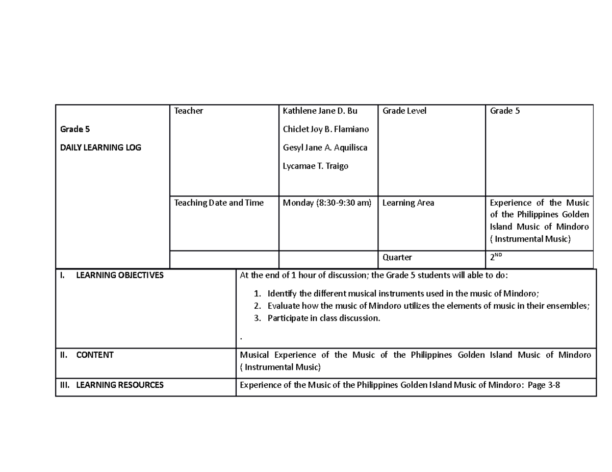7-Es Lesson Plan: Engaging Grade 5 Students in Mindoro's Instrumental ...