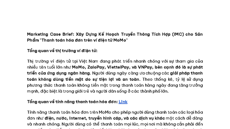 Marketing Case Study: IMC Plan for MoMo Bill Payment Feature - Studocu