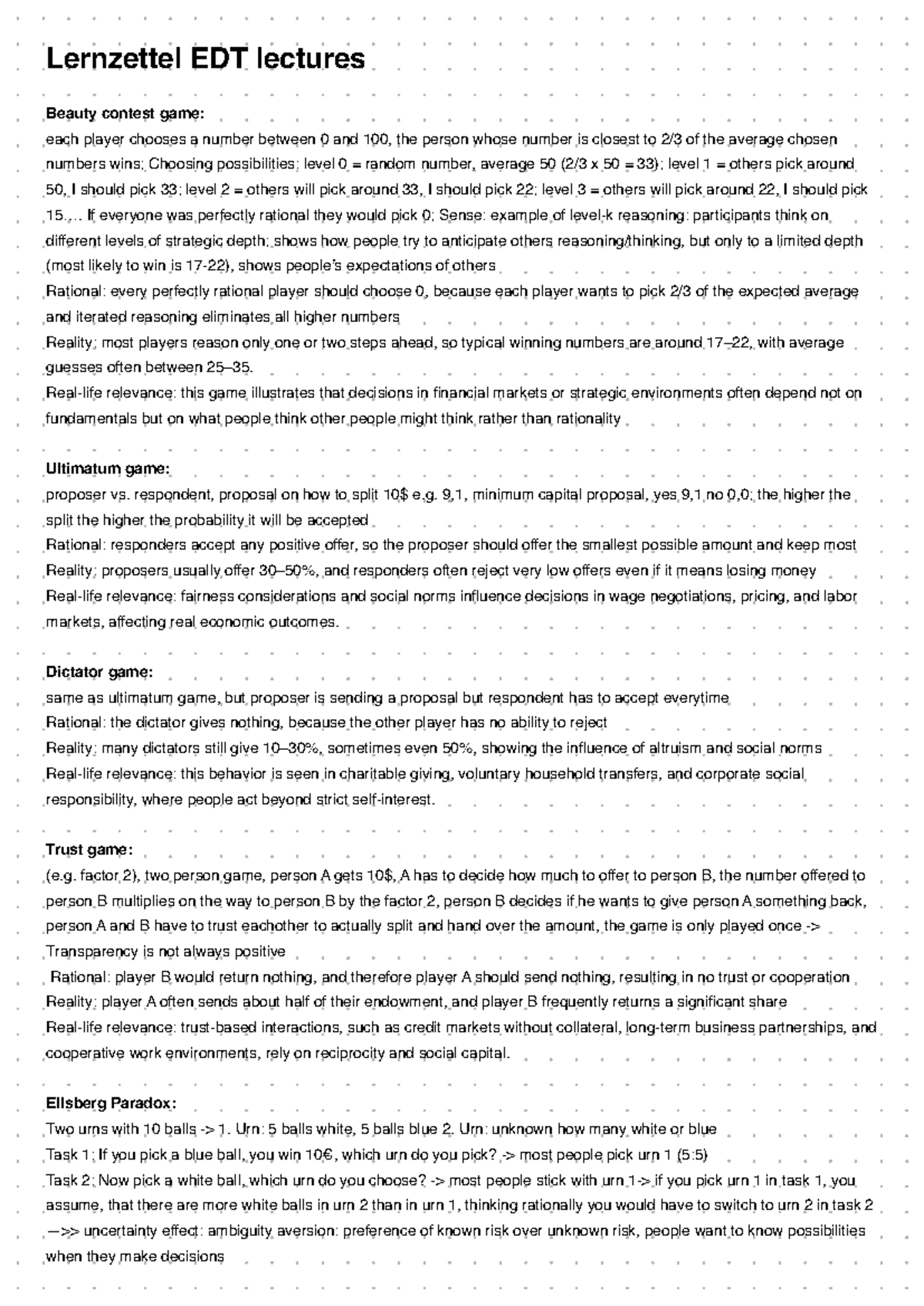 EDT Game Theory Lecture Notes: Beauty Contest & Strategic Games - Studocu