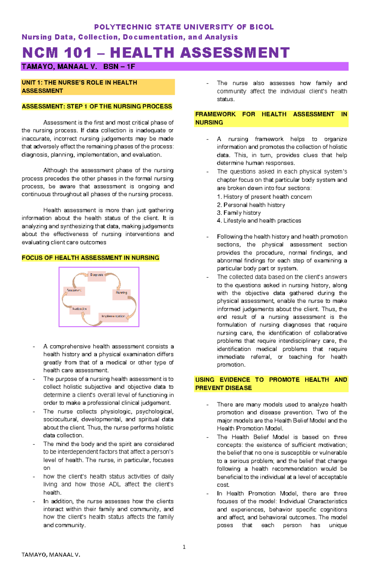 Chapter 1: Health Assessment Framework - NCM 101 - Studocu