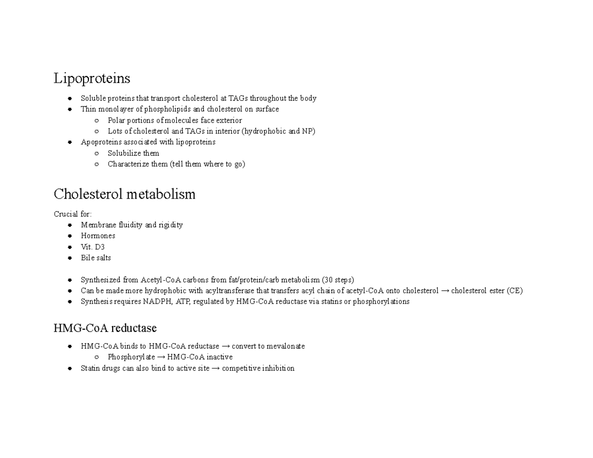 BCH210 Final Exam - Lecture 21 Notes on Lipoproteins and Cholesterol ...