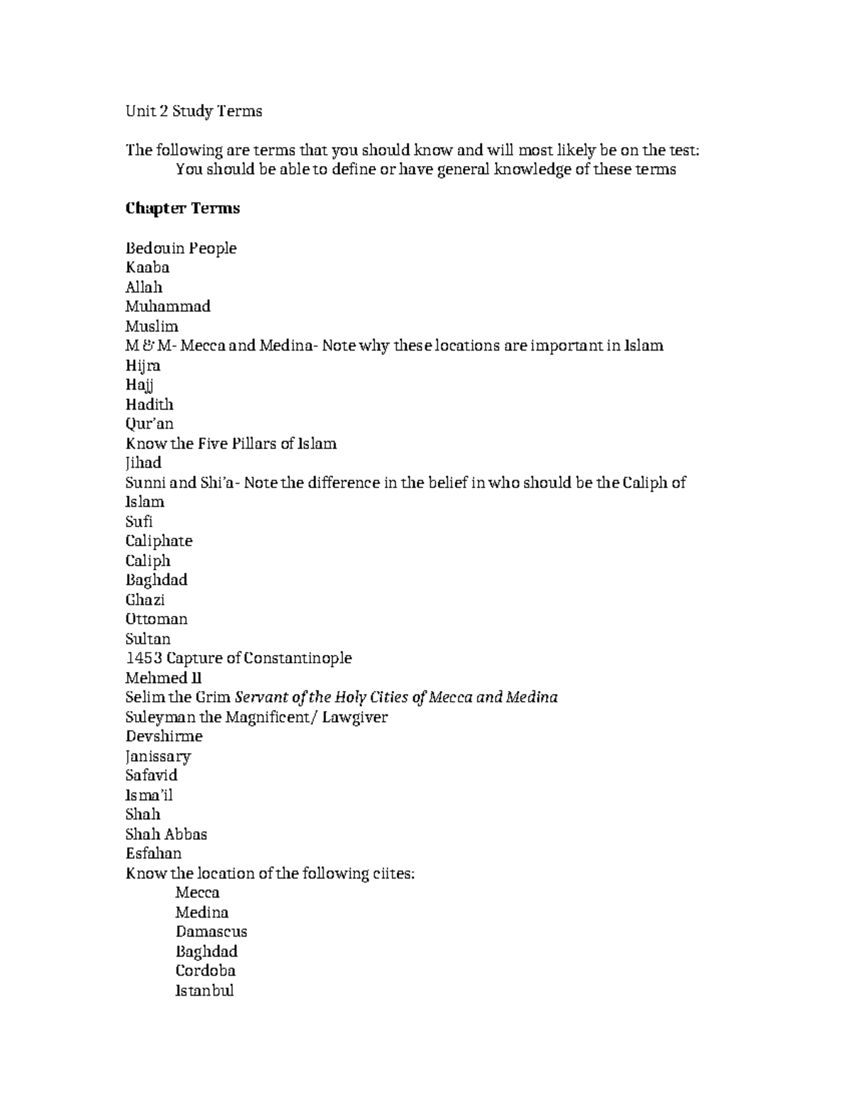 Unit 2 Study Terms for Islam - Key Concepts & Definitions - Studocu
