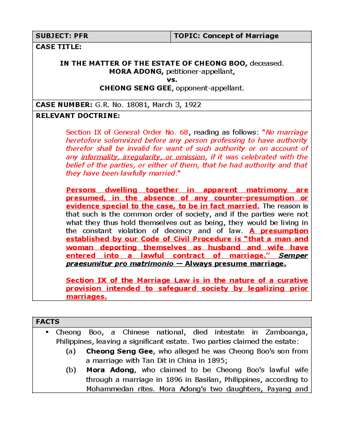 Adong v. Cheong Seng Gee: Marriage Validity Case Analysis (G.R. No. 18081) - Studocu