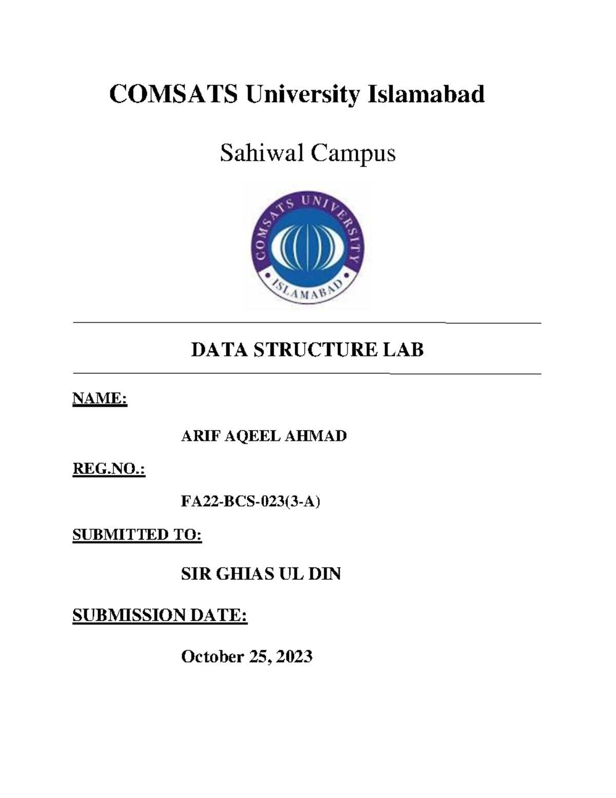DSA LAB Assignment-02 - assignment - COMSATS University Islamabad ...
