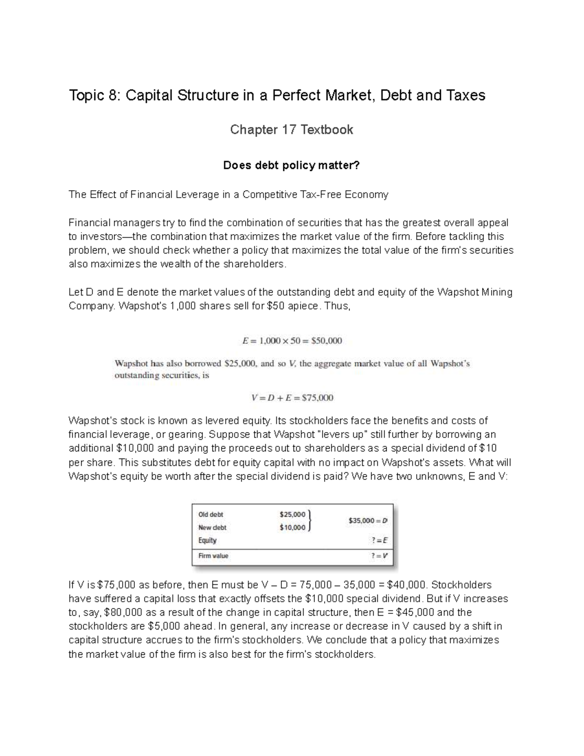 Reading Notes - Capital Structures (Topic 8: Debt & Taxes, Ch. 17 ...