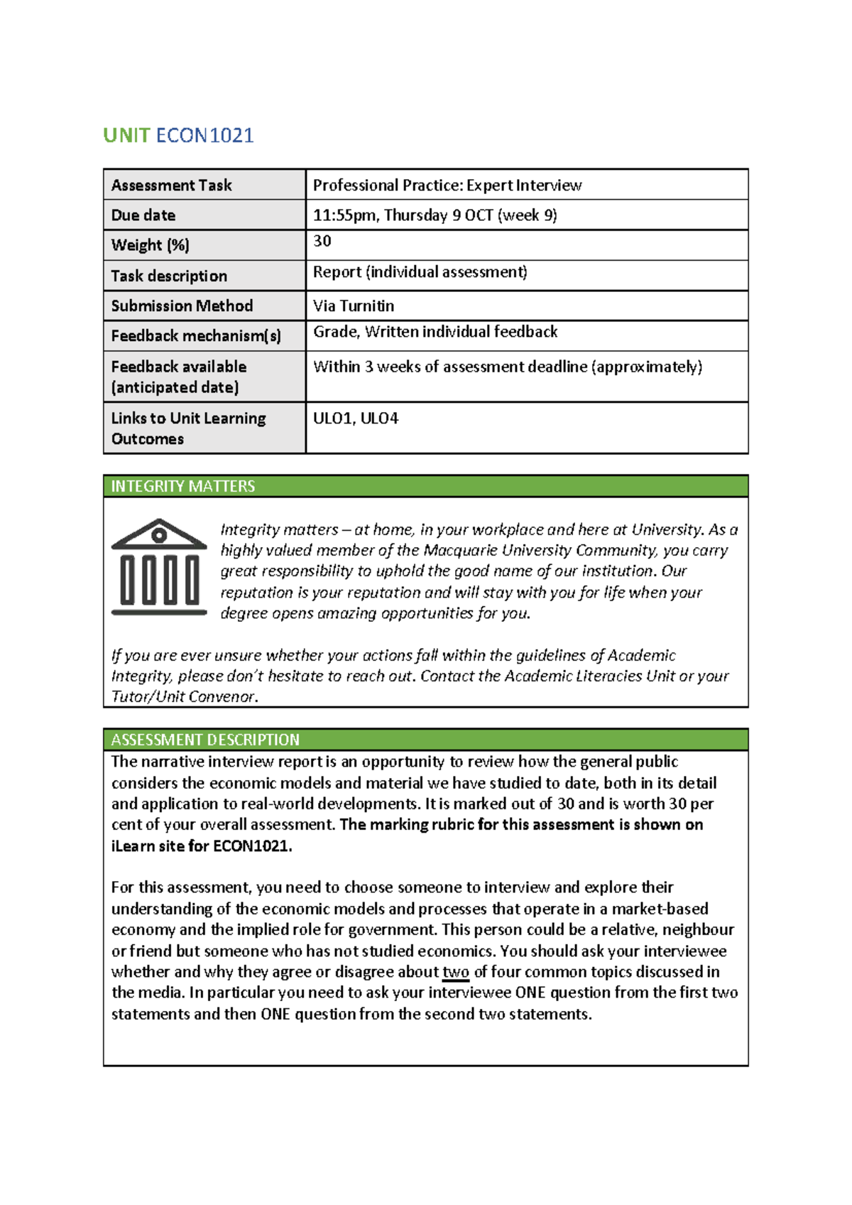 ECON1021 Assessment: Narrative Interview Report Guidelines - Studocu