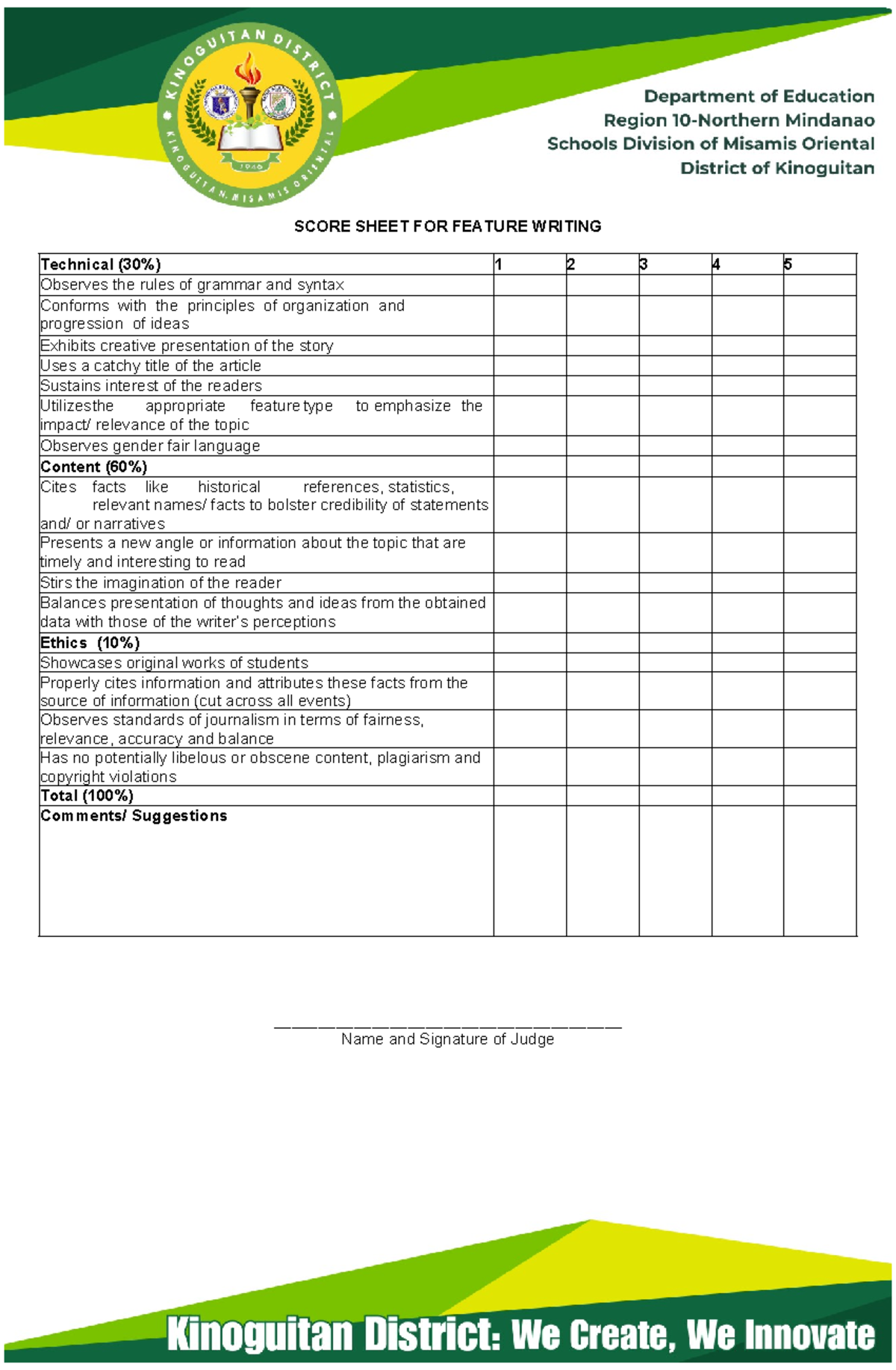 DSPC Feature & News Writing Score Sheets - Journalism Assessment - Studocu