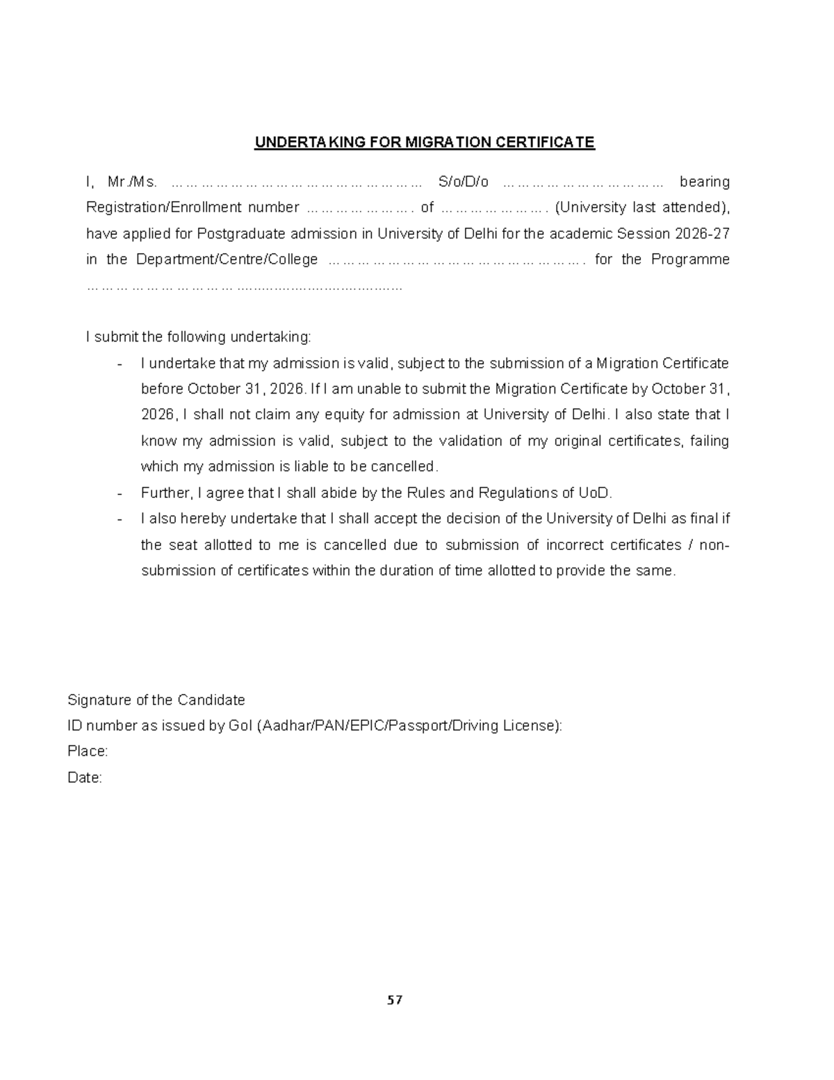 DU Migration Certificate Undertaking Form for Admission - Studocu