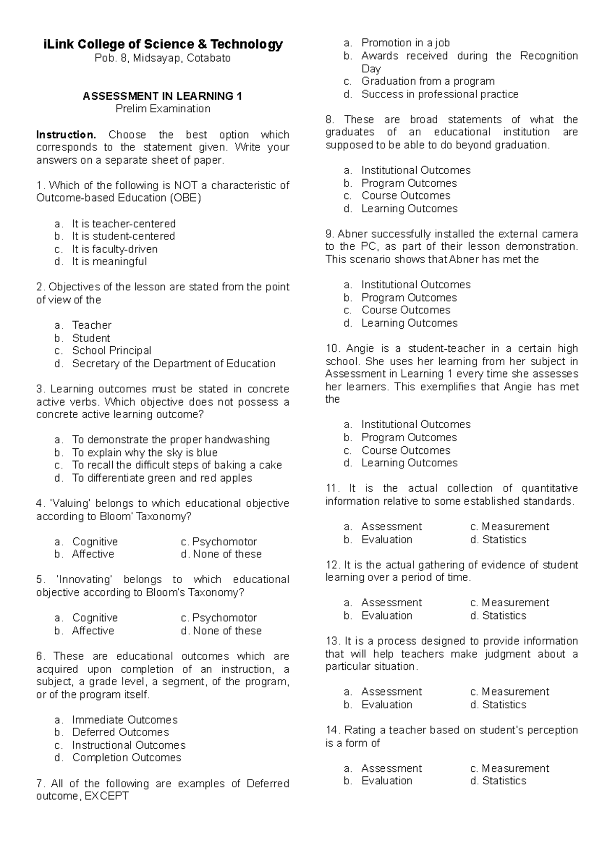 Assessment in Learning 1 - Prelim Exam Review & Questions - Studocu