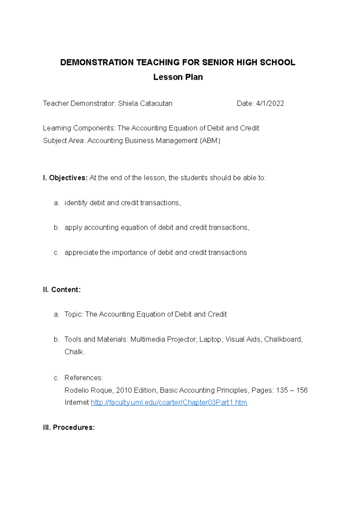 Lesson Plan for Accounting: Understanding Debit and Credit Transactions ...