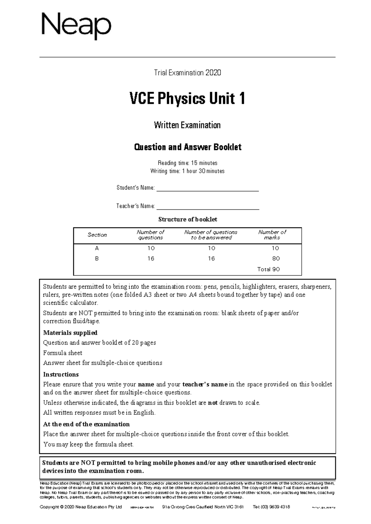 VCE Physics Unit 1 Trial Exam 2020: Questions & Answers Booklet - Studocu
