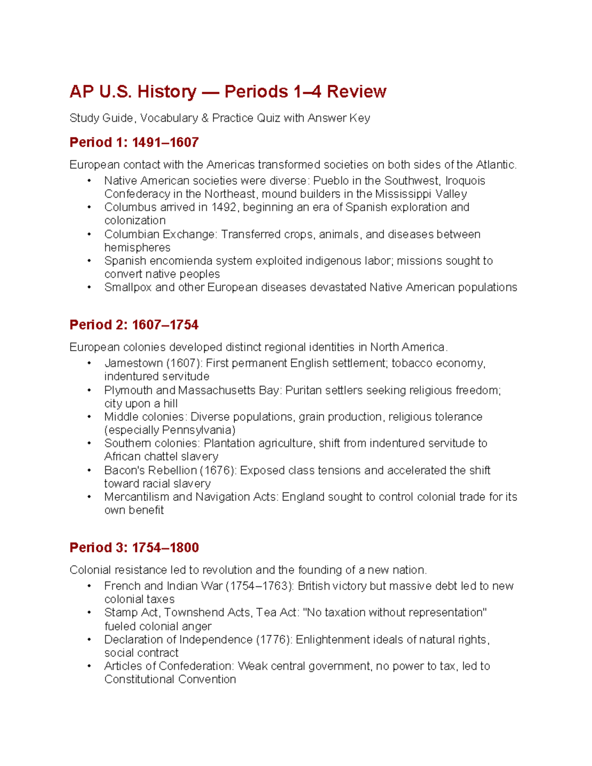 AP U.S. History Study Guide: Periods Review & Vocabulary Quiz - Studocu