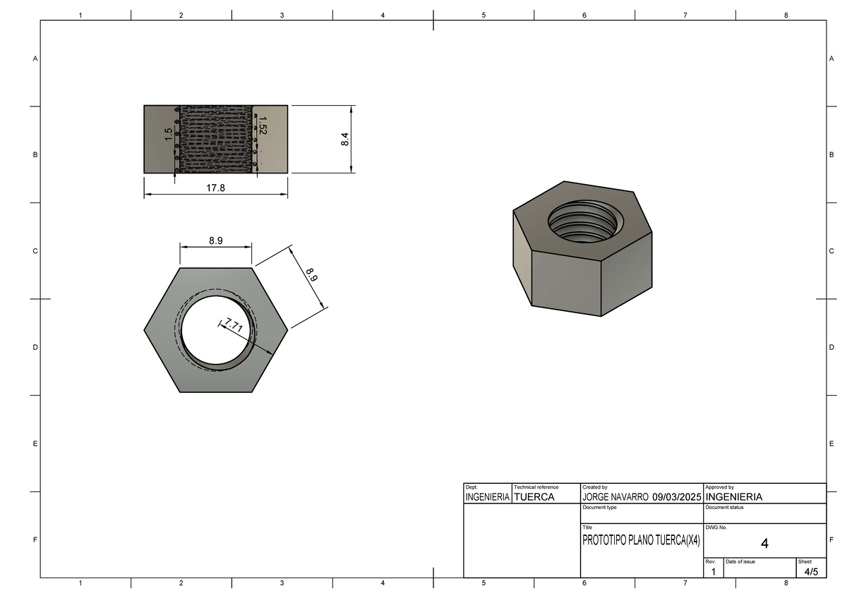 Prototipo Plano Tuerca v1 - Dibujo Computarizado - A 12 3 4 5 6 7 1 2 3 4 5 6 7 8 B C D E F A B ...
