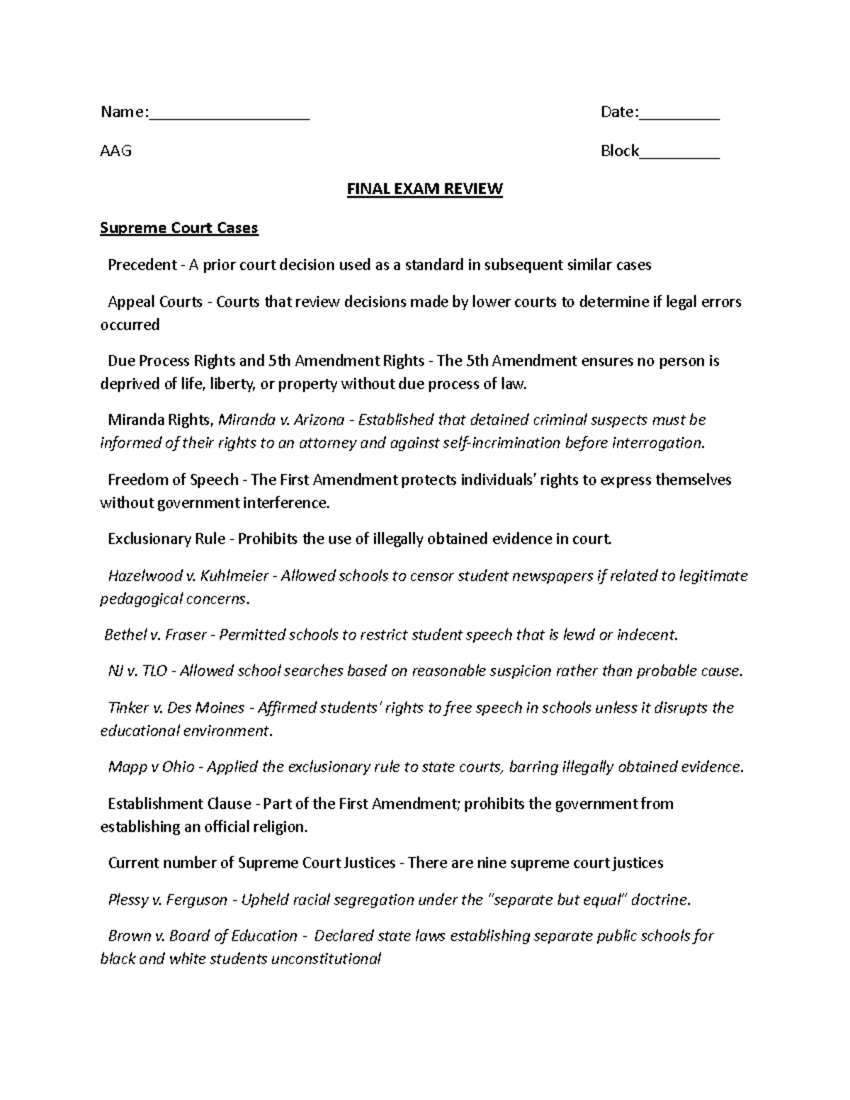 AAG 2025 Scher Final Exam Review: Key Supreme Court Cases & Civil ...