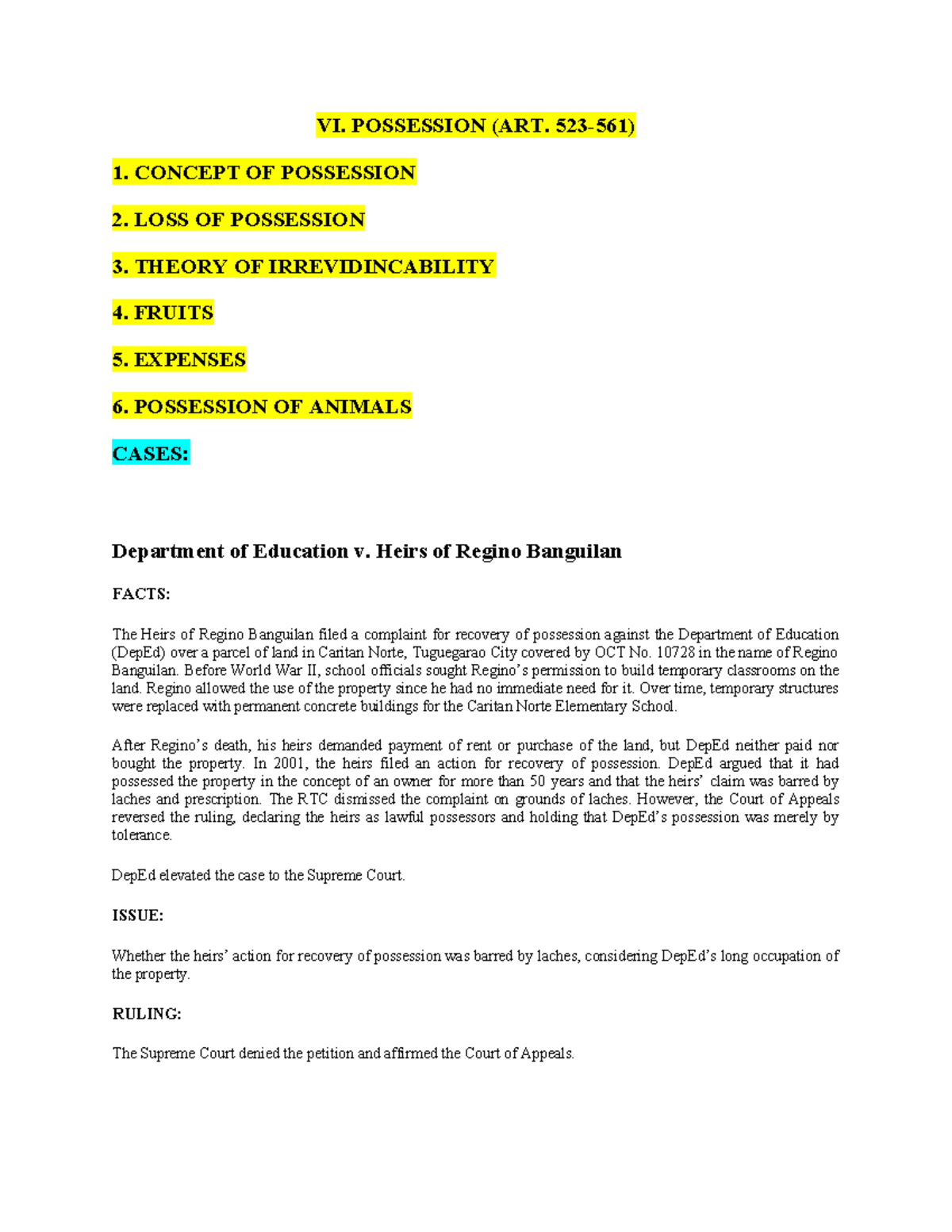 VI. Possession Case Digest: Key Legal Principles and Rulings - Studocu