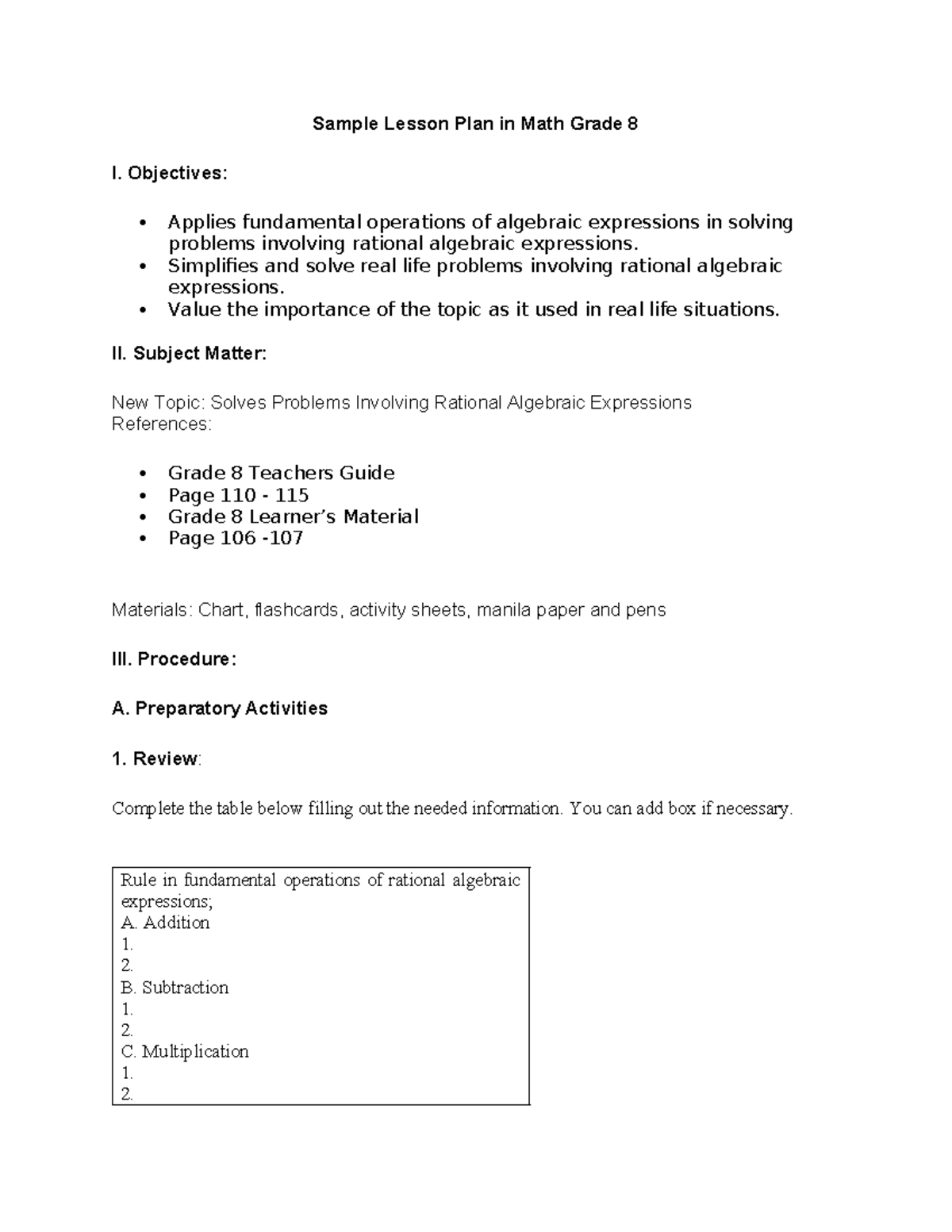 Sample Lesson Plan: Rational Algebraic Expressions - Grade 8 - Studocu