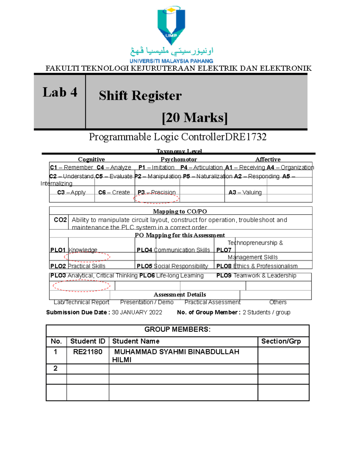 Lab 4 - PLC Shift Register Report (DRE1732) 2021/22-SEM I - Studocu