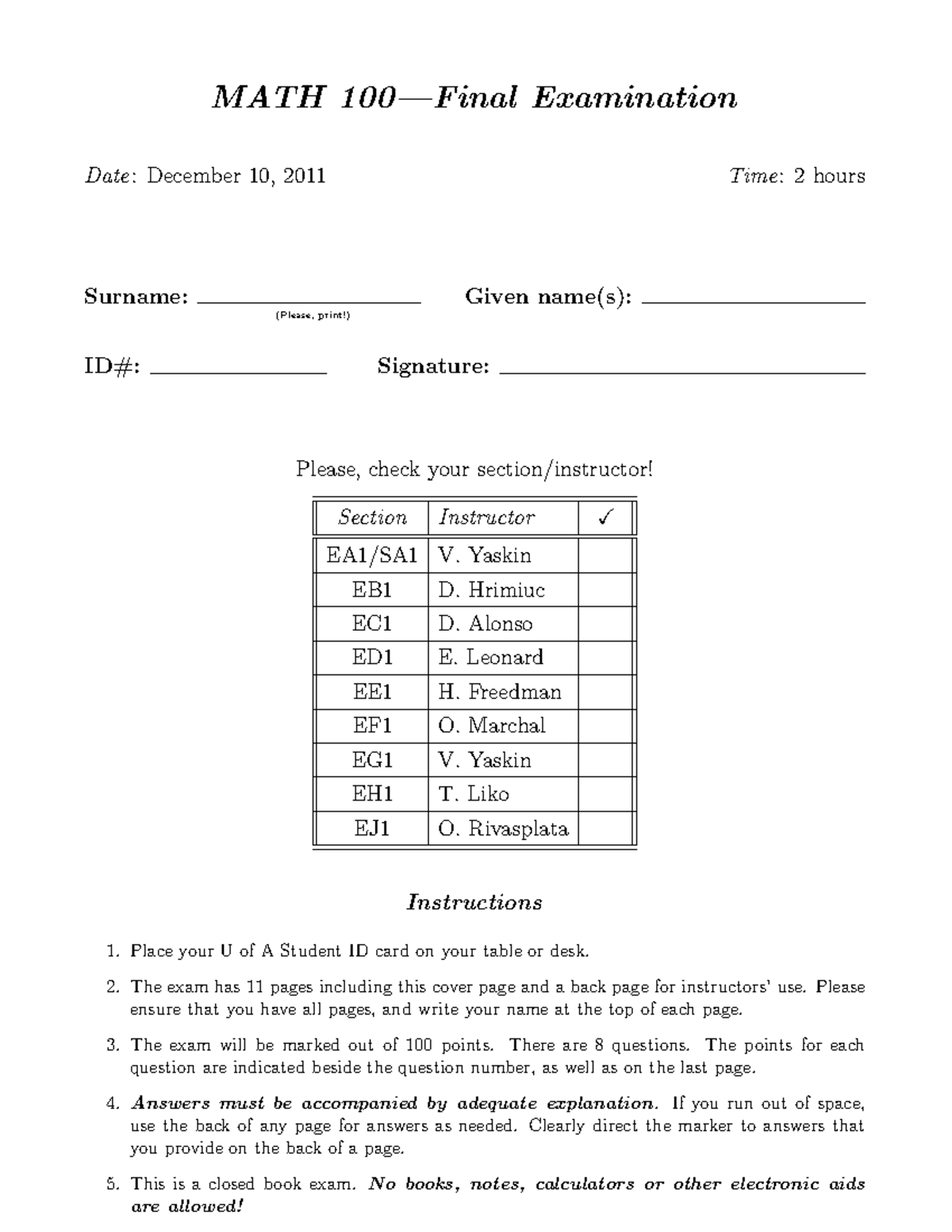 MATH 100 Fall 2011 Final Exam Solutions and Explanations - Studocu