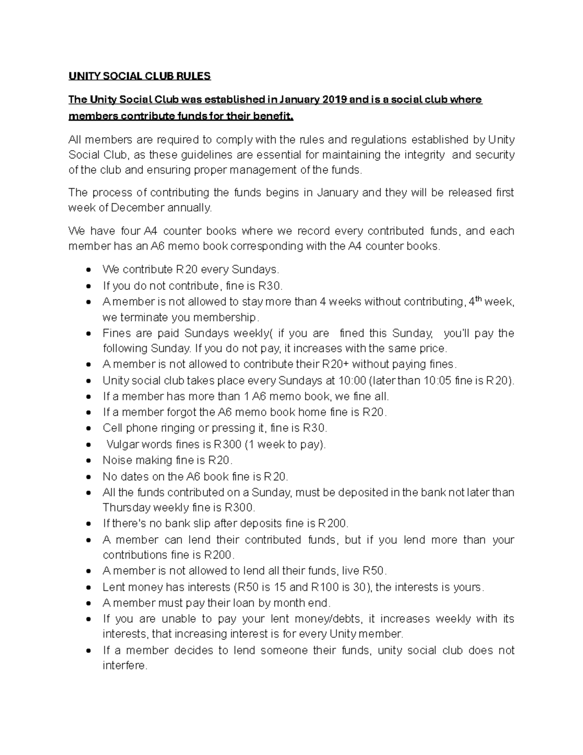 UNITY SOCIAL CLUB RULES & REGULATIONS: A Guide for Members - Studocu