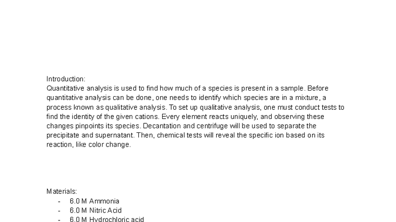 Lab 4 Report: Qualitative Analysis of Cations in Mixtures - Studocu