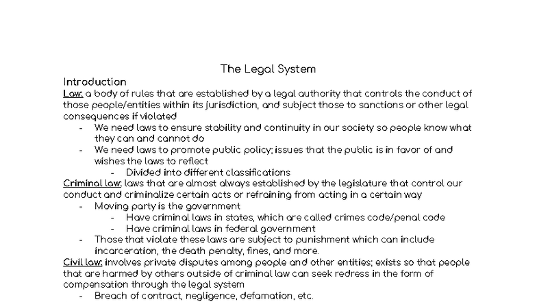 Legal System Lecture 1 Notes (LAW 101) - Overview & Classifications ...