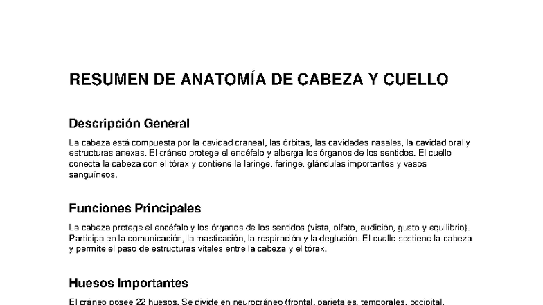Resumen de Anatomía de Cabeza y Cuello - Curso de Medicina - Studocu