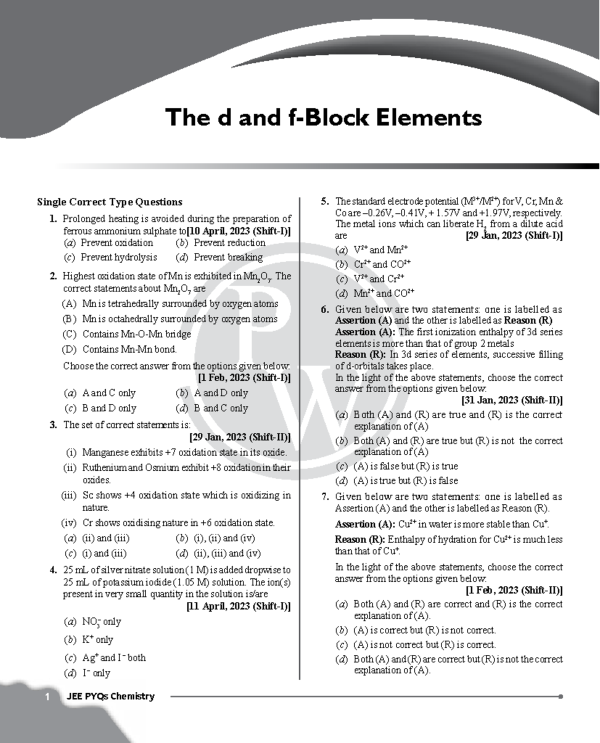 D and f block pyq - it is helpful - Single Correct Type Questions ...