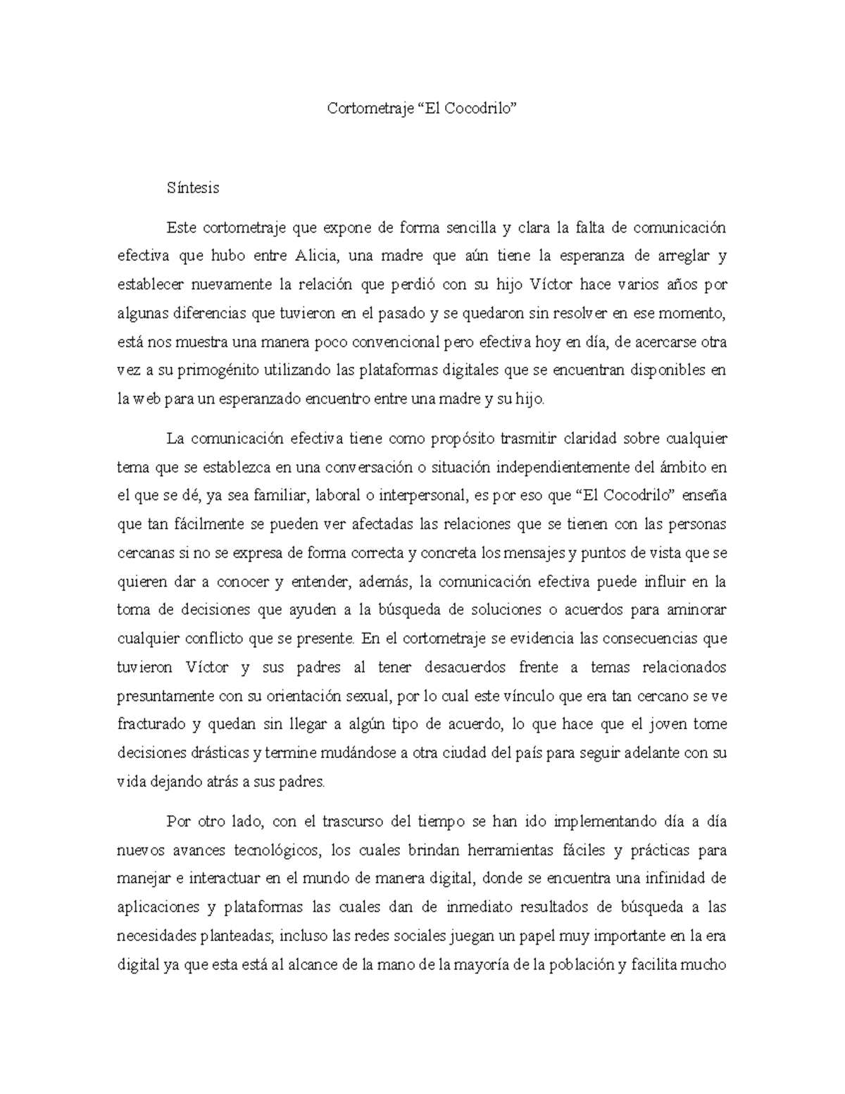 Resumen del Cortometraje "El Cocodrilo": Comunicación Efectiva y Relaciones - Studocu