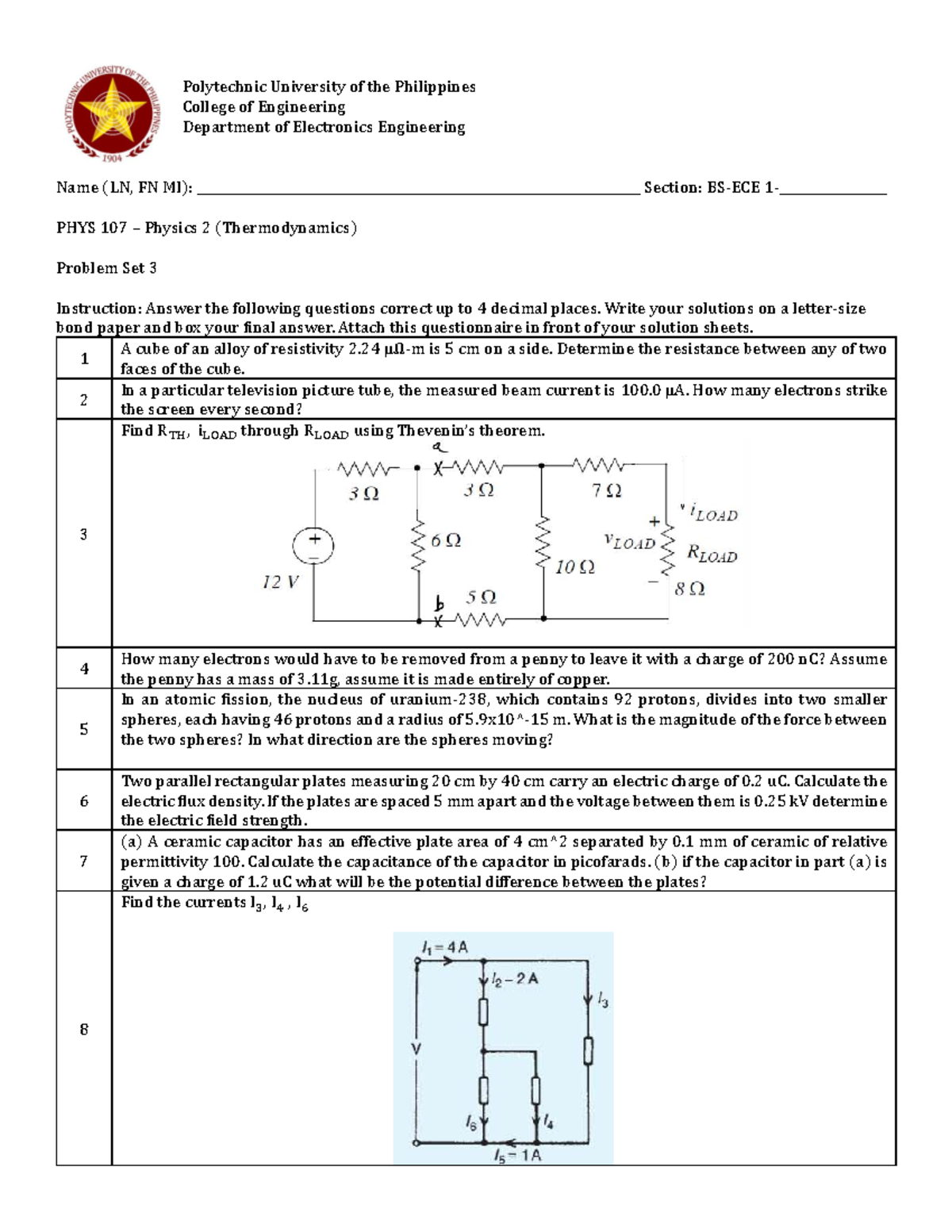 PHYS 107 Problem Set 3: Thermodynamics & Electric Concepts AY2425 - Studocu