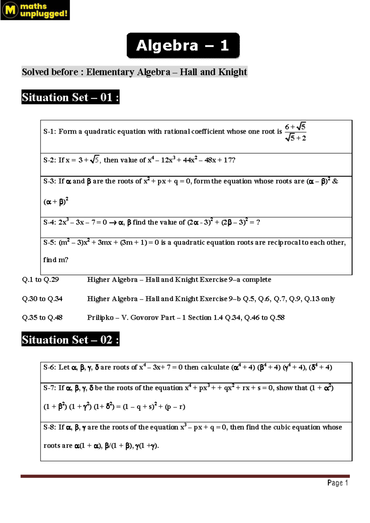 Algebra 1: Quadratic Equations and Solutions - Hall & Knight Exercises ...