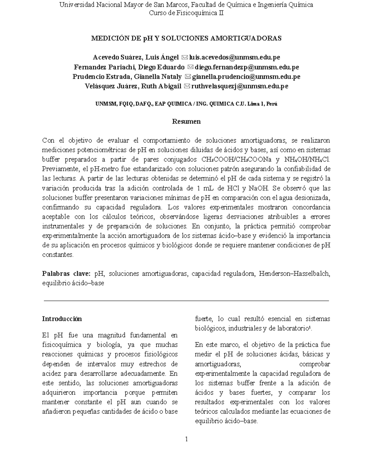 Informe 2: Medición de pH y Soluciones Amortiguadoras - Fisicoquímica II UNMSM - Studocu