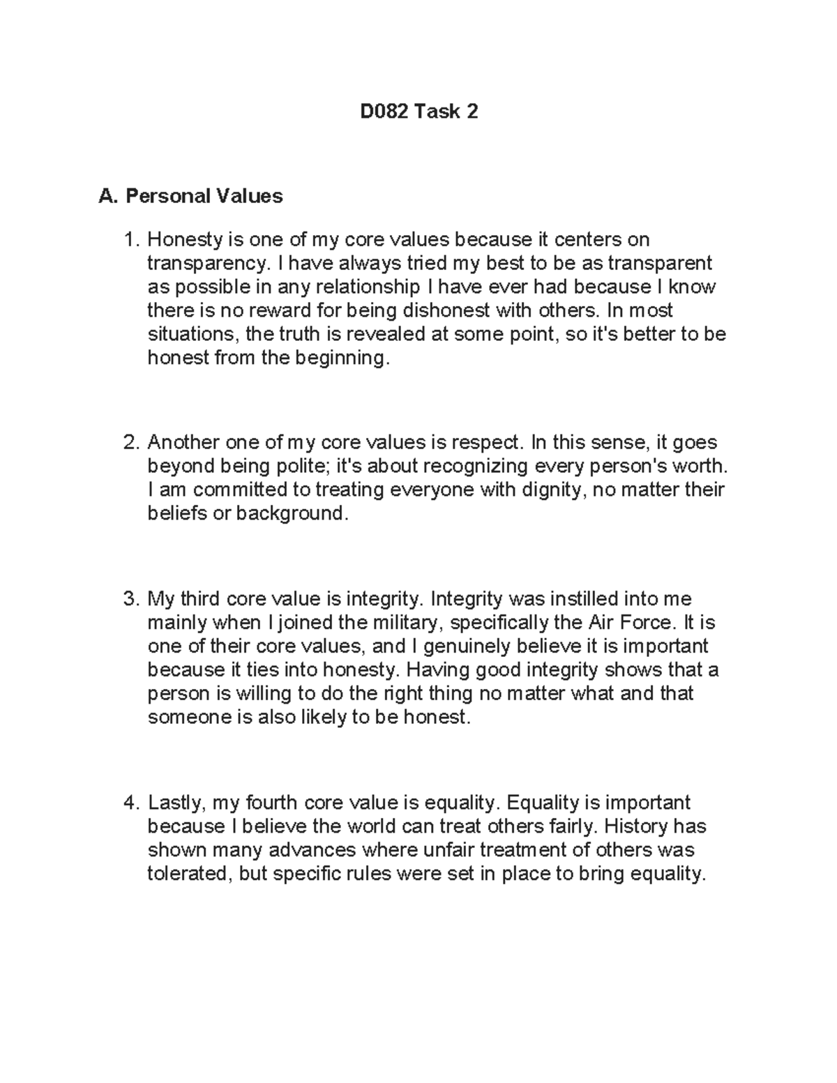 D082 - Task 2: Core Values Reflection and Comparison Analysis - Studocu