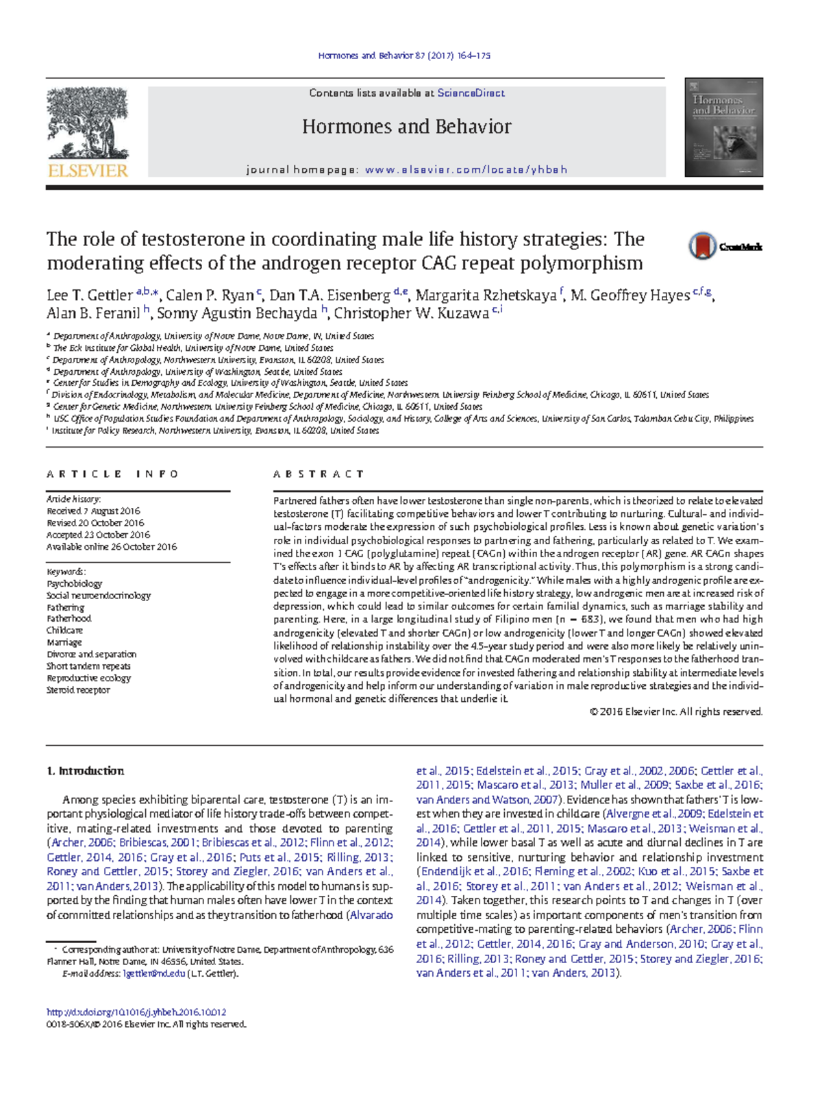 The Role of Testosterone in Male Life History Strategies: Genetic ...